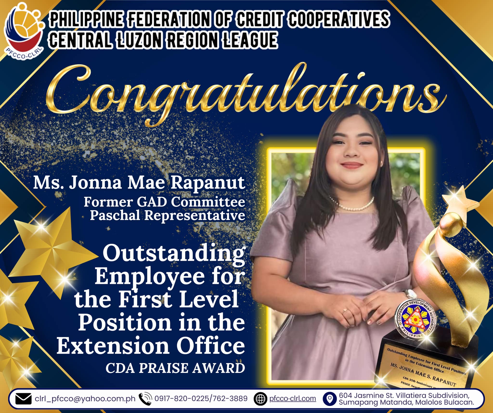 A Big Congratulations to Ms. Jonna Mae Rapanut! 🎉 - Pfcco Central Luzon